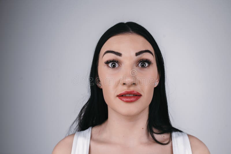 Lady with Wide Open Eye White Shirt Portrait Isolated Stock Image ...