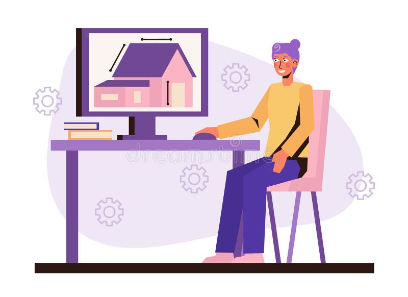 Man Working on Computer in Architect Program. House Design and Layout ...