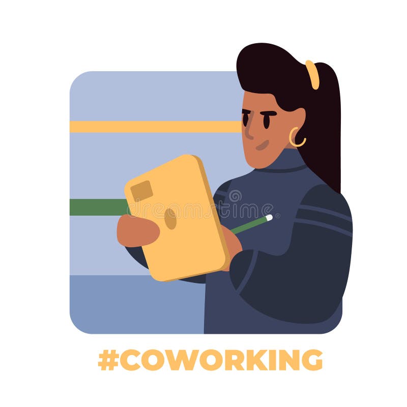 Lady Working in Coworking. Multiracial Cartoon Character Drawing on ...