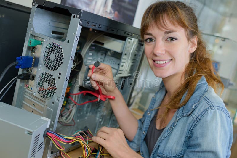 Lady Working on Dismantled Computer Stock Photo - Image of happy ...
