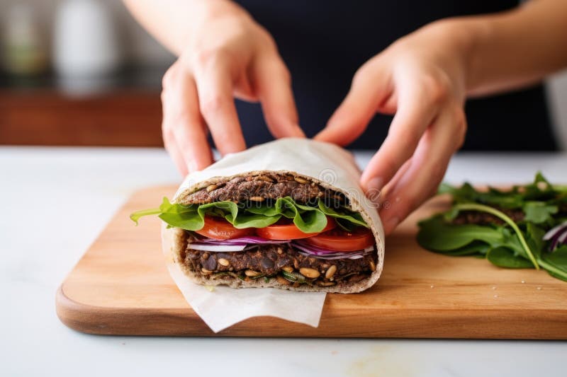 Lady Wrapping a Black Bean Burger in a Food Wrapper Stock Image - Image ...