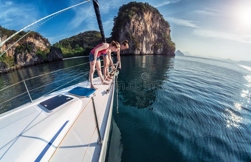 Lady on the yacht stock photo. Image of cliff, boat, enjoy - 80153178