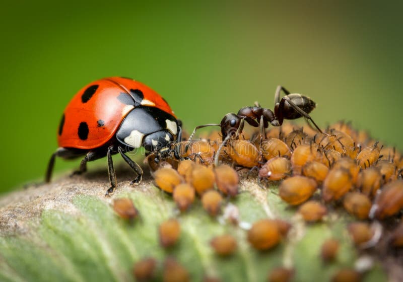 Ladybug and Ant Interacting on a Green Leaf with Aphids in a Vibrant ...