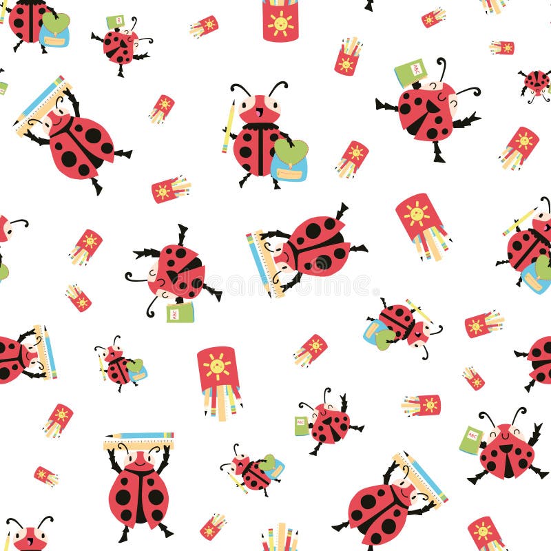 Ladybug Back To School Vector Seamless Pattern Background. Fun Cartoon ...