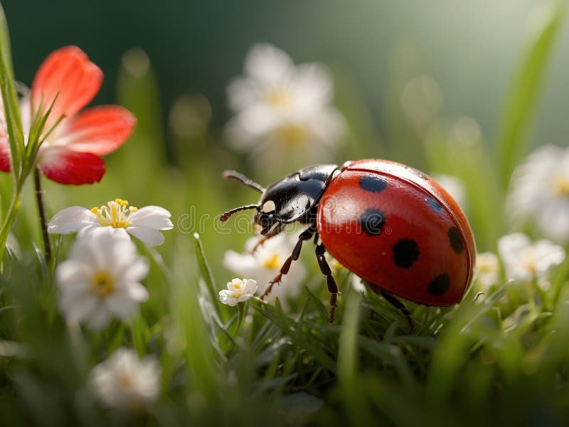 Ladybug Beetle on Springtime Vegetation and Flowers Ladybird Insect ...