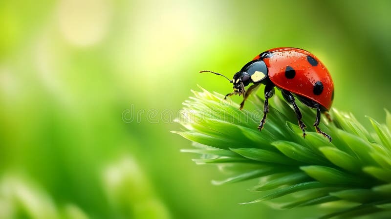 A Ladybug with Black Spots on Its Red Shell Stands on a Single Green ...