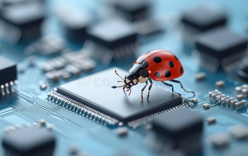Ladybug on Blue Circuit Board Closeup of Red Insect on Microchip Stock ...