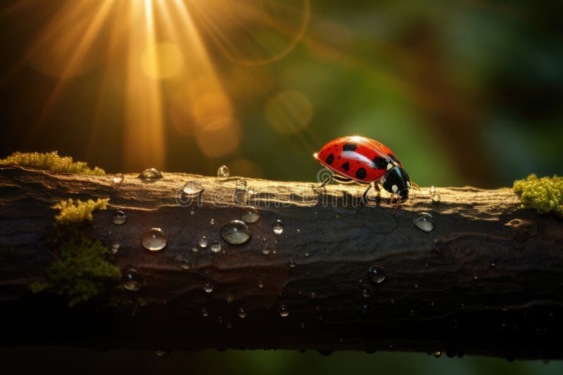 Ladybug on a Branch with Water Droplets at Sunset in the Forest Stock ...