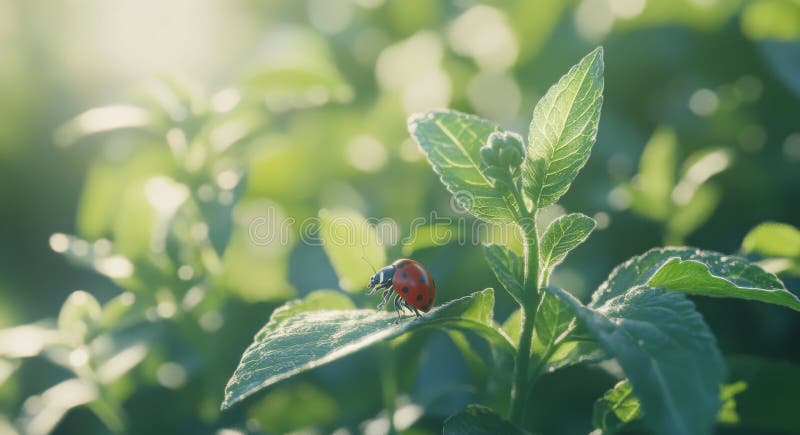 A Ladybug is Captured in Mid-flight, Having Just Left a Green Leaf, in ...