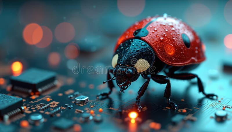 Ladybug On Circuit Board Insect As Qa Tester In Tech Concept Software Quality Assurance Bug