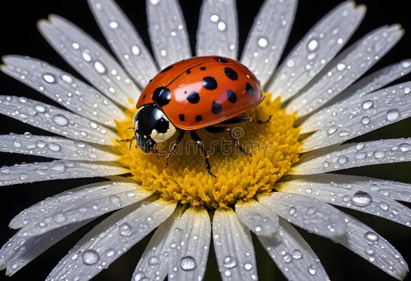 Ladybug Close-up on Flower in Raindrops. Stock Photo - Image of ...
