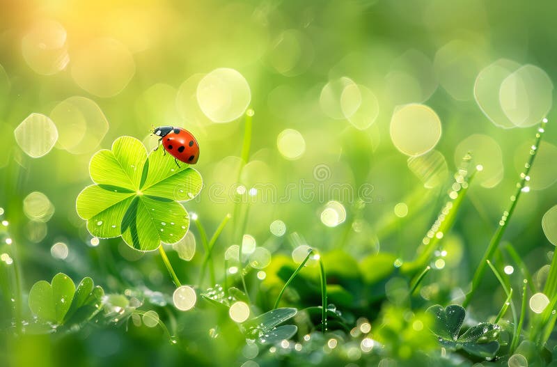 Ladybug on Clover Leaf in Dewy Grass Stock Illustration - Illustration ...