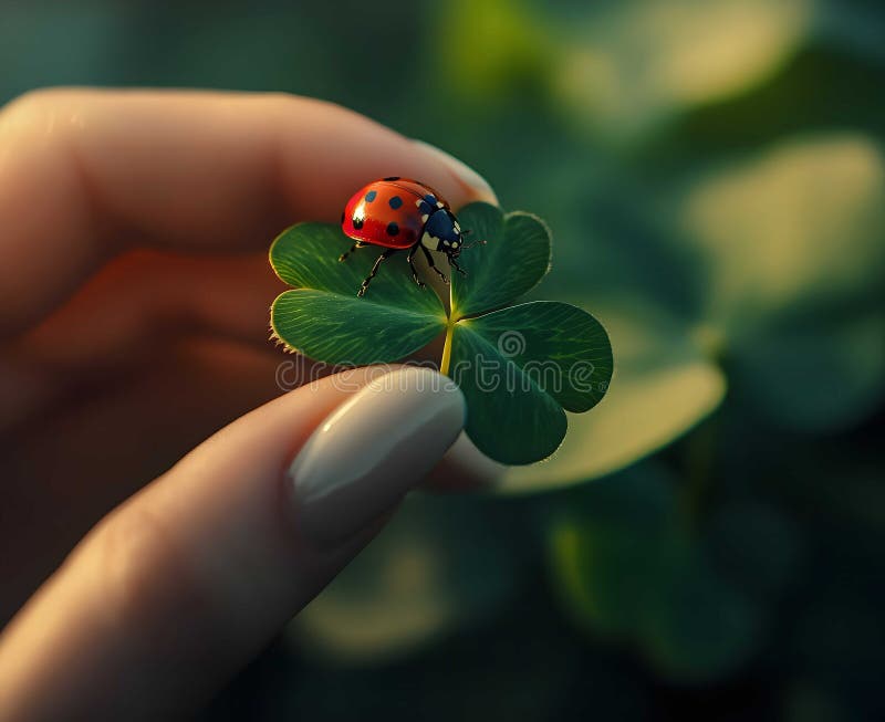 Ladybug on a Clover Leaf Held Gently in a Hand Stock Illustration ...