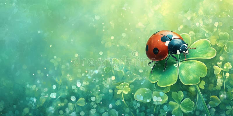 Ladybug on Clover Leaf in Lush Green Background with Soft Bokeh Effect ...