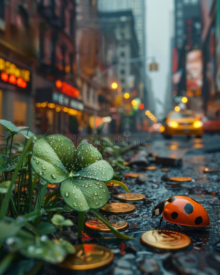 Ladybug and Clover on the Wet Road. a Pot of Gold Coins Stock Photo ...