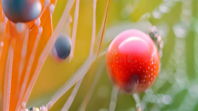 A Ladybug Covered in Dew Drops Walks Along a Spider Web with Morning ...