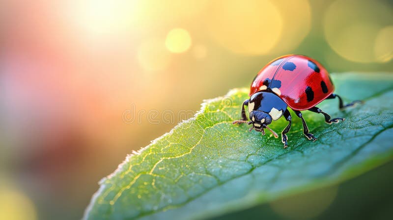 Ladybug Crawling Across a Leaf Edge, Illuminated by Soft Sunlight Stock ...