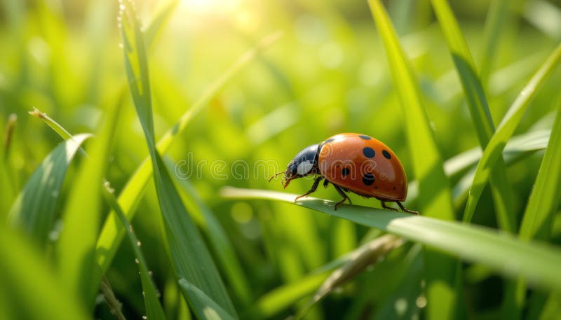 Ladybug Crawling on a Blade of Grass in a Green Field Stock ...