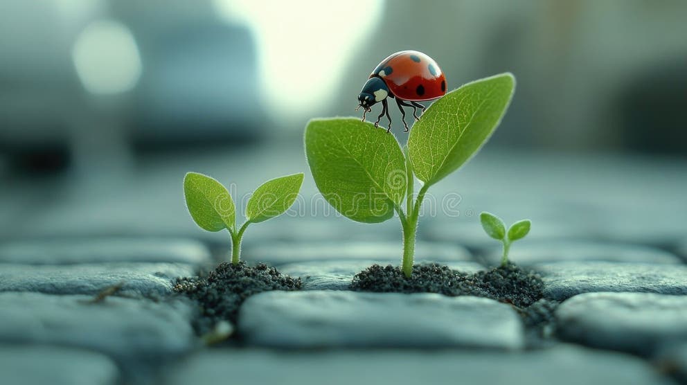 Ladybug Crawling on Fresh Green Sprout Amidst Stone Path Stock Image ...