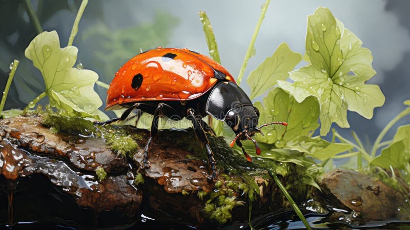 A Ladybug Crawling on a Leaf Watercolour Style. Generative AI. Stock ...