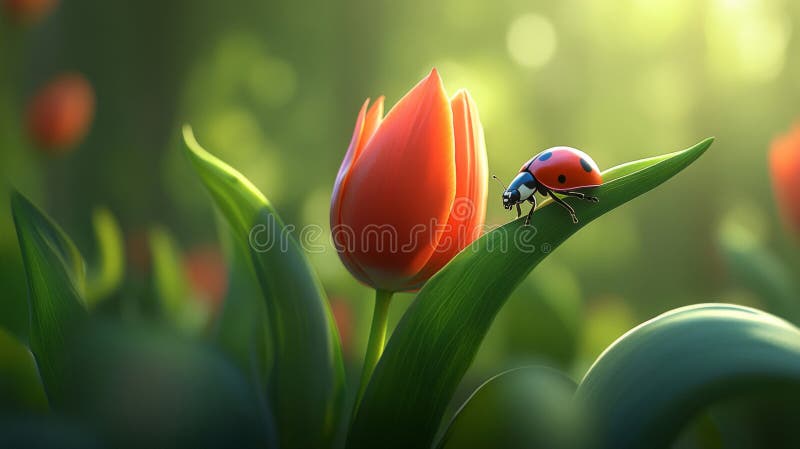 Ladybug Crawling on Tulip Leaf in Spring Garden Stock Illustration ...