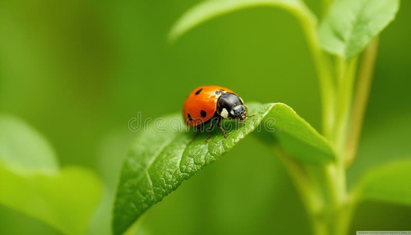 Ladybug Crawling on a Green Leaf from a Cucumber Stock Image - Image of ...