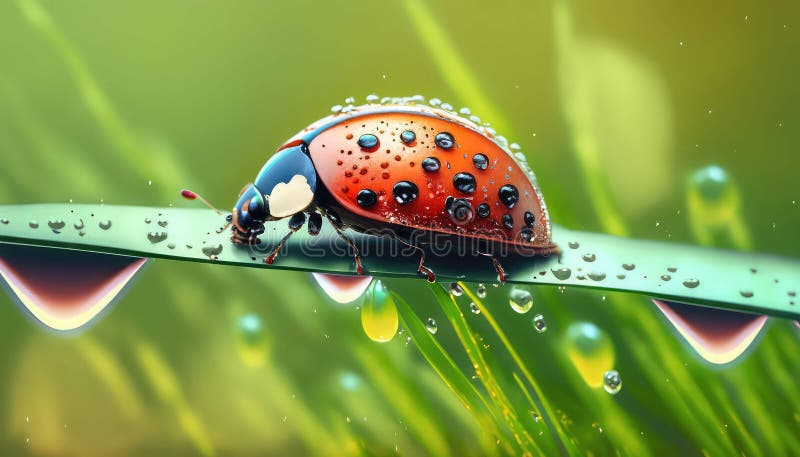 Ladybug Crawling on a Wet Leaf Stock Illustration - Illustration of ...