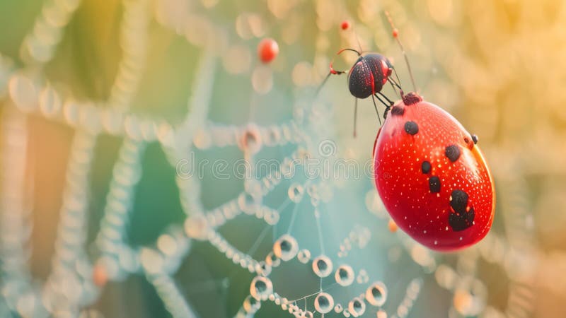 A Ladybug Crawls Across a Spider Web Covered in Morning Dew, Ladybug ...