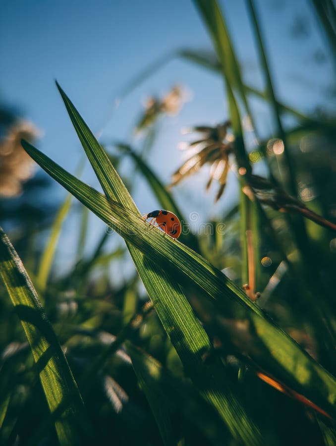 Ladybug on a Blade of Grass in the Summer Stock Image - Image of insect ...