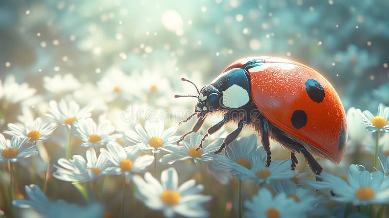 Ladybug on Daisies, Sunlit Meadow, Spring. Nature Background, Perfect ...
