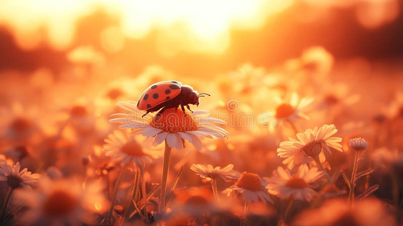 Ladybug on a Daisy in a Field at Sunset Stock Illustration - Illustration of peaceful, golden ...