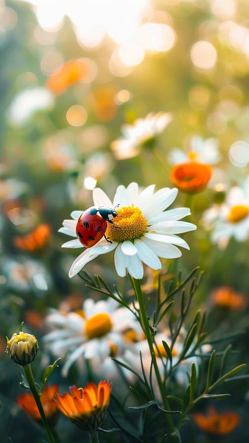 Ladybug on a Daisy in the Sun Stock Photo - Image of outdoor, white ...