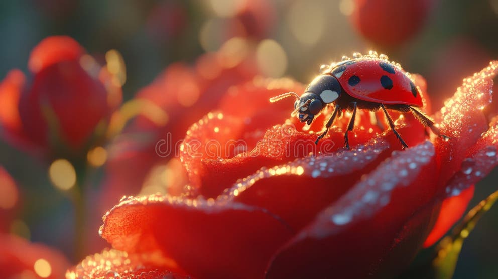 Ladybug on Dew Covered Red Rose Petal Stock Illustration - Illustration ...