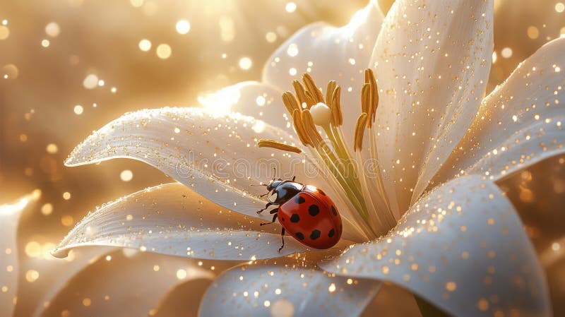 Ladybug on a Dew Kissed White Lily Flower Stock Illustration ...