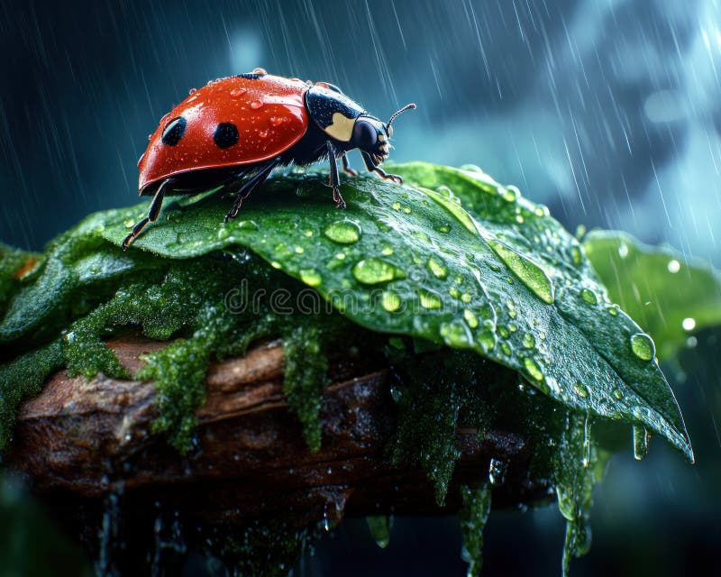 Ladybug on a Dewdrop-Covered Leaf in the Rain, a Macro Photography ...