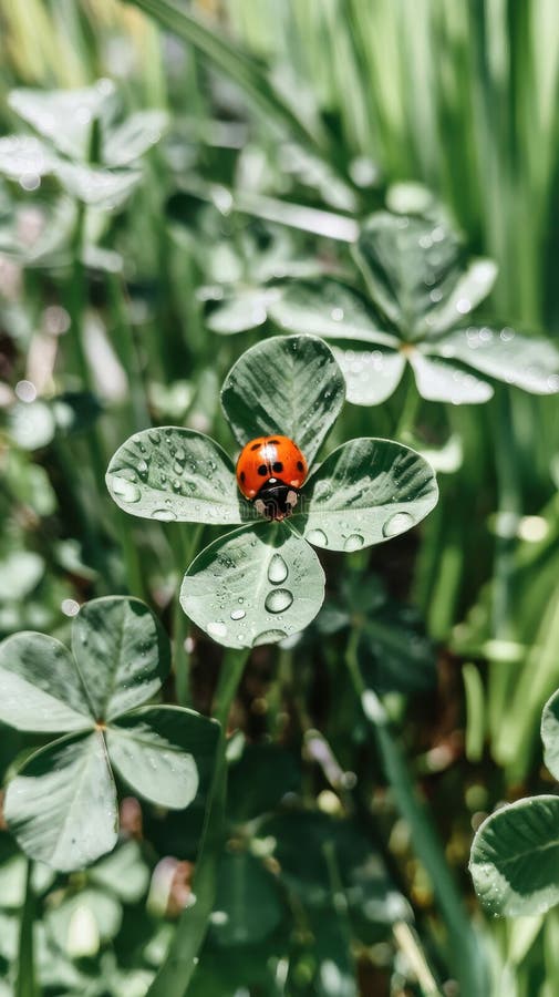 Ladybug on Dewy Four-leaf Clover with Natural Green Background, Close ...