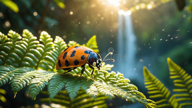 Vibrant Orange Ladybug on Fern Leaf Near Waterfall, Lush Green Forest ...
