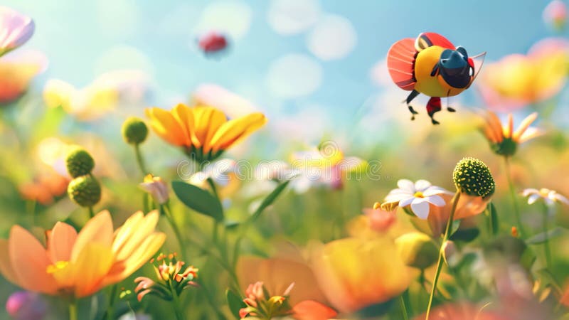 A Ladybug Flies Gracefully through a Field of Blooming Orange and White ...