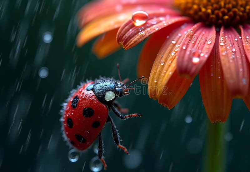 Ladybug on Flower in Rain. stock image. Image of dark - 363703489