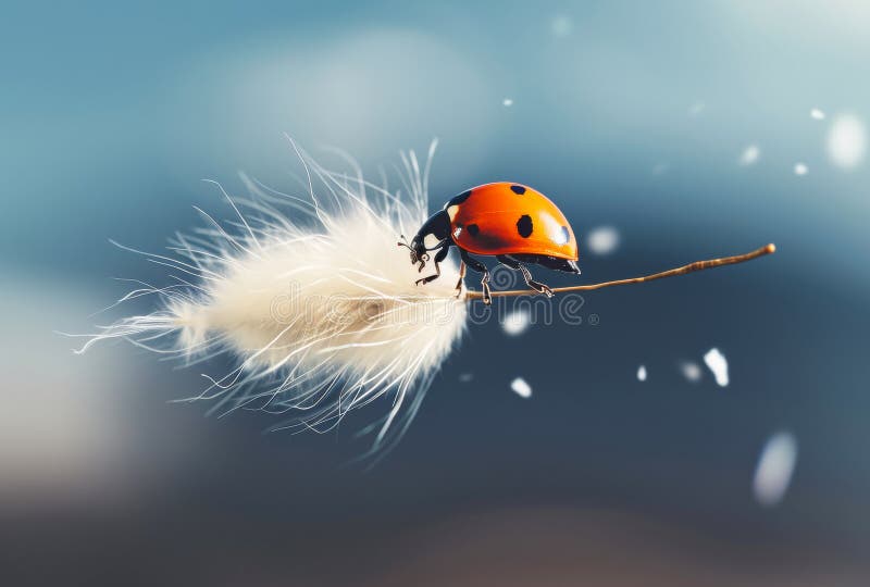 Ladybug on Fluffy Dandelion and Blue Sky with White Fluffy Clouds Stock ...