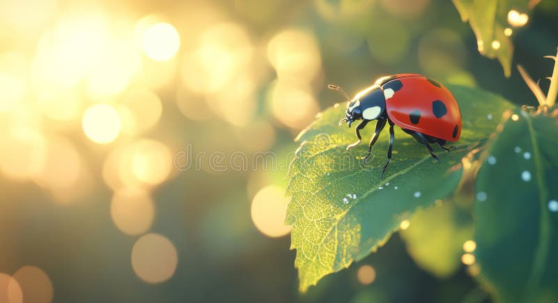 A Ladybug is Flying Away from a Green Leaf in a Natural Garden Setting ...