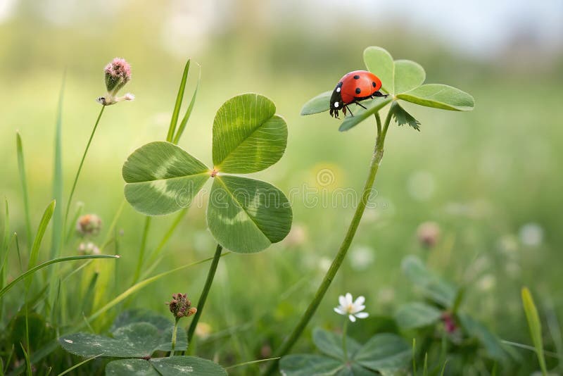 Ladybug on a Four-Leaf Clover in a Spring Meadow Stock Illustration ...