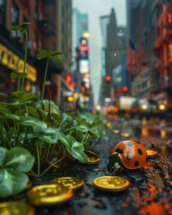 Ladybug and Gold Coins on the Wet Road. a Pot of Gold Coins Stock Image ...