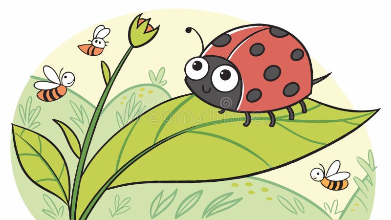 Ladybug on Green Leaf with Busy Bees, Pollination, Vector Design ...