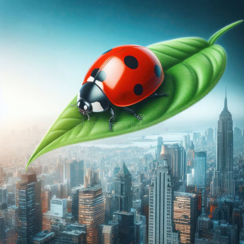 Ladybug on a Green Leaf Flying Over a Big City. Stock Photo - Image of ...