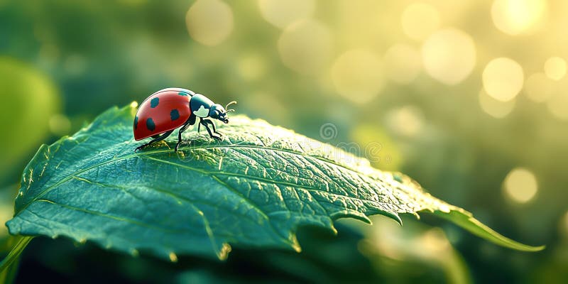 Ladybug on Green Leaf in Garden and Sunflower Stock Photo - Image of ...