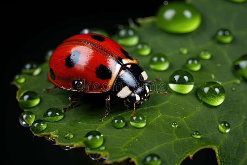 Ladybug on a Green Leaf with Rain Drops Stock Photo - Image of ladybug ...