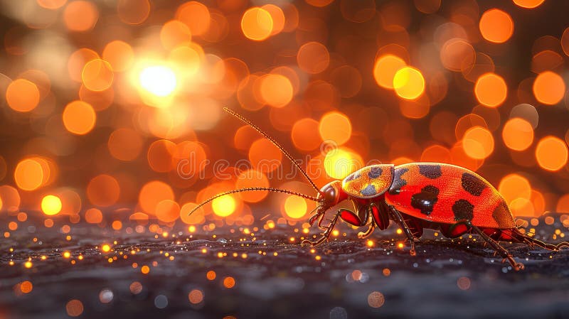 Ladybug on Green Leaf with Water Drops in Morning Light, Blurred ...