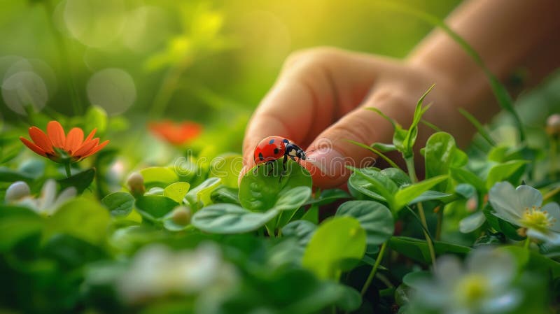 A Ladybug on a Hand Amidst Clover and Flowers. Stock Image - Image of ...