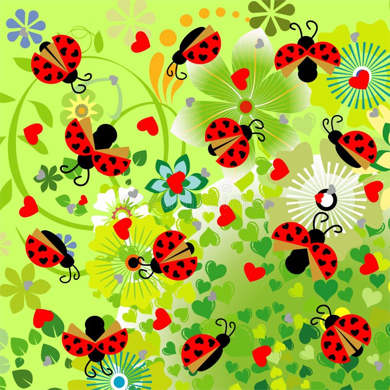 Ladybug with Hearts and Flowers Pattern Stock Illustration ...